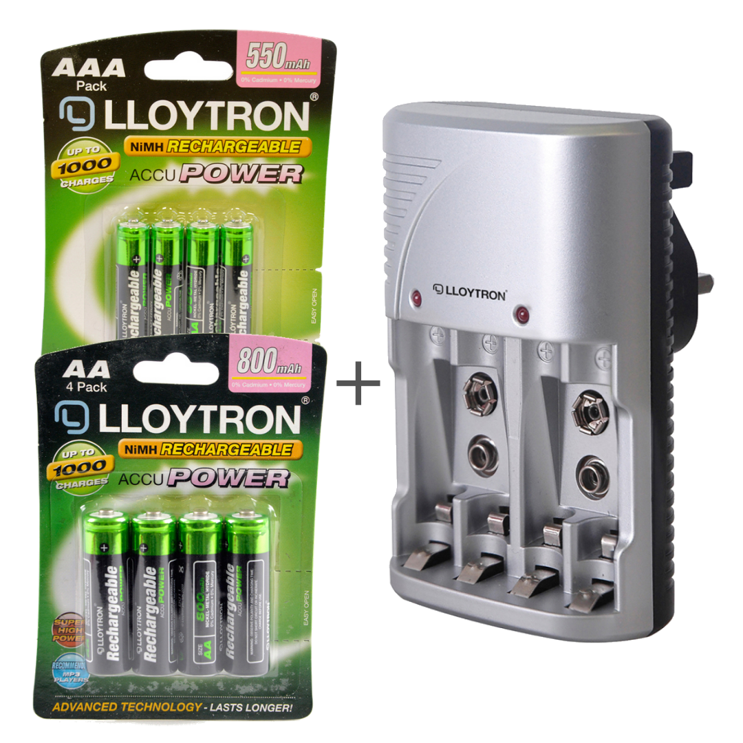 Lloytron 3 Piece Rechargeable Battery Bundle Includes 4x AA 4x AAA Mains Battery Charger B011 B014 B1502